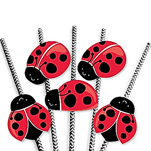 Happy Little Ladybug - Paper Straw Decor - Baby Shower or Birthday Party Striped Decorative Straws - Set of 24