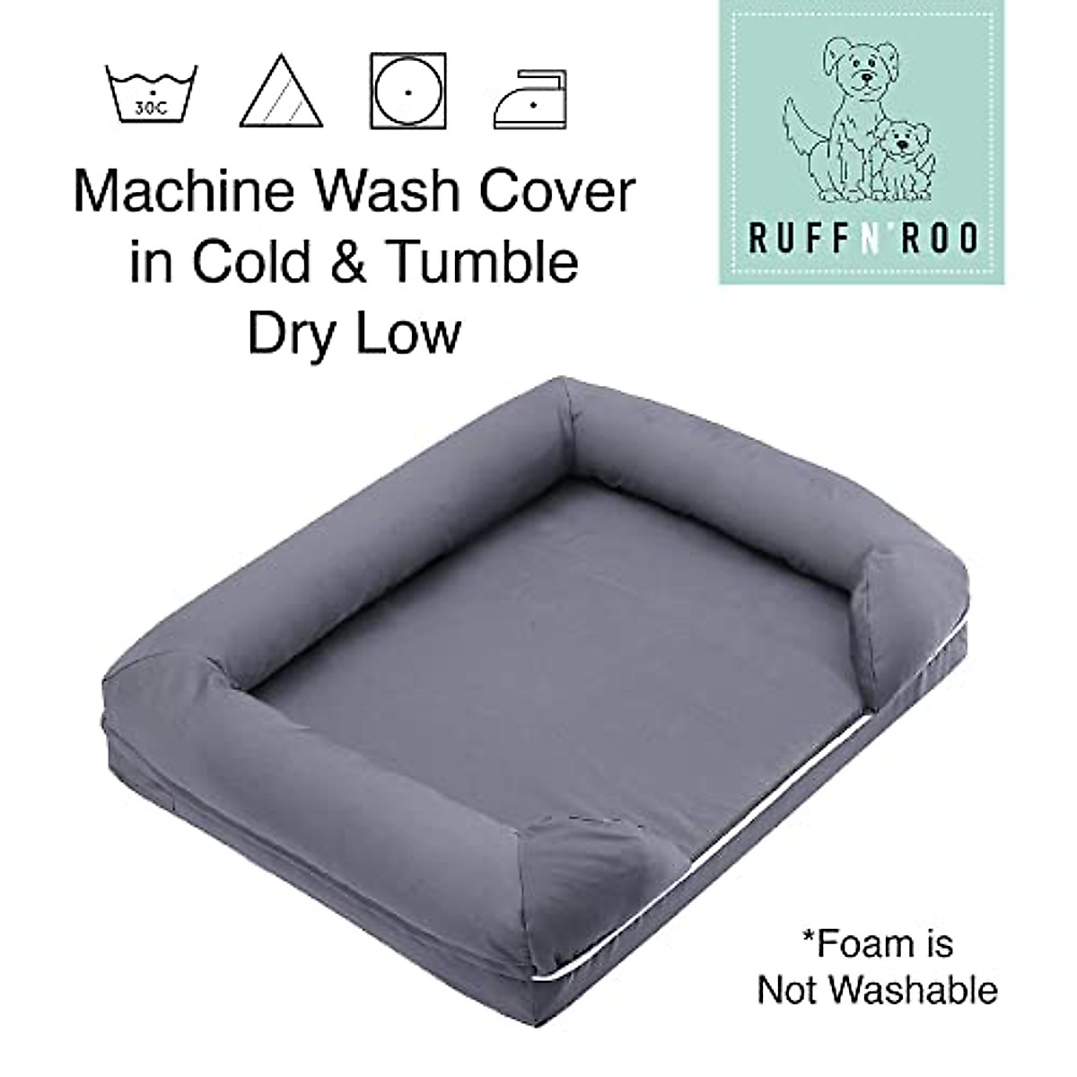 Classic Brands Ruff n' Roo Small Waterproof Bolster Cotton and Memory Foam Dog Bed with Non-Slip Bottom, Grey