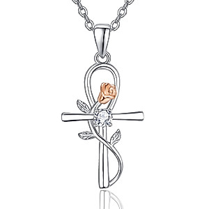 PRAYMOS Ankh Necklace Women 925 Sterling Silver Rose Cross Pendant 5A Cubic Zirconia Ankh EgyptianJewelry Gift for Women Wife Mother's Day Gifts