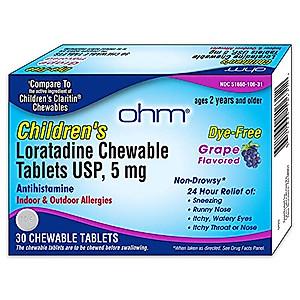 Ohm Children’s Chewable Tablets, Dye Free, Grape, Non-Drowsy 24h Relief of Sneezing, Runny Nose, Itchy Watery Eyes, Itchy Throat or Nose, Antihistamine, Indoor & Outdoor Allergies, 5mg, 30 Tablets