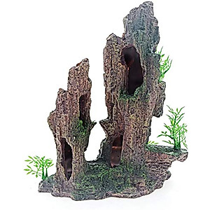 Saim Aquarium Decorations - Mountain View Stone Ornament Artificial Tree Rock Cave Mountain Landscape Fish Tank Decoration