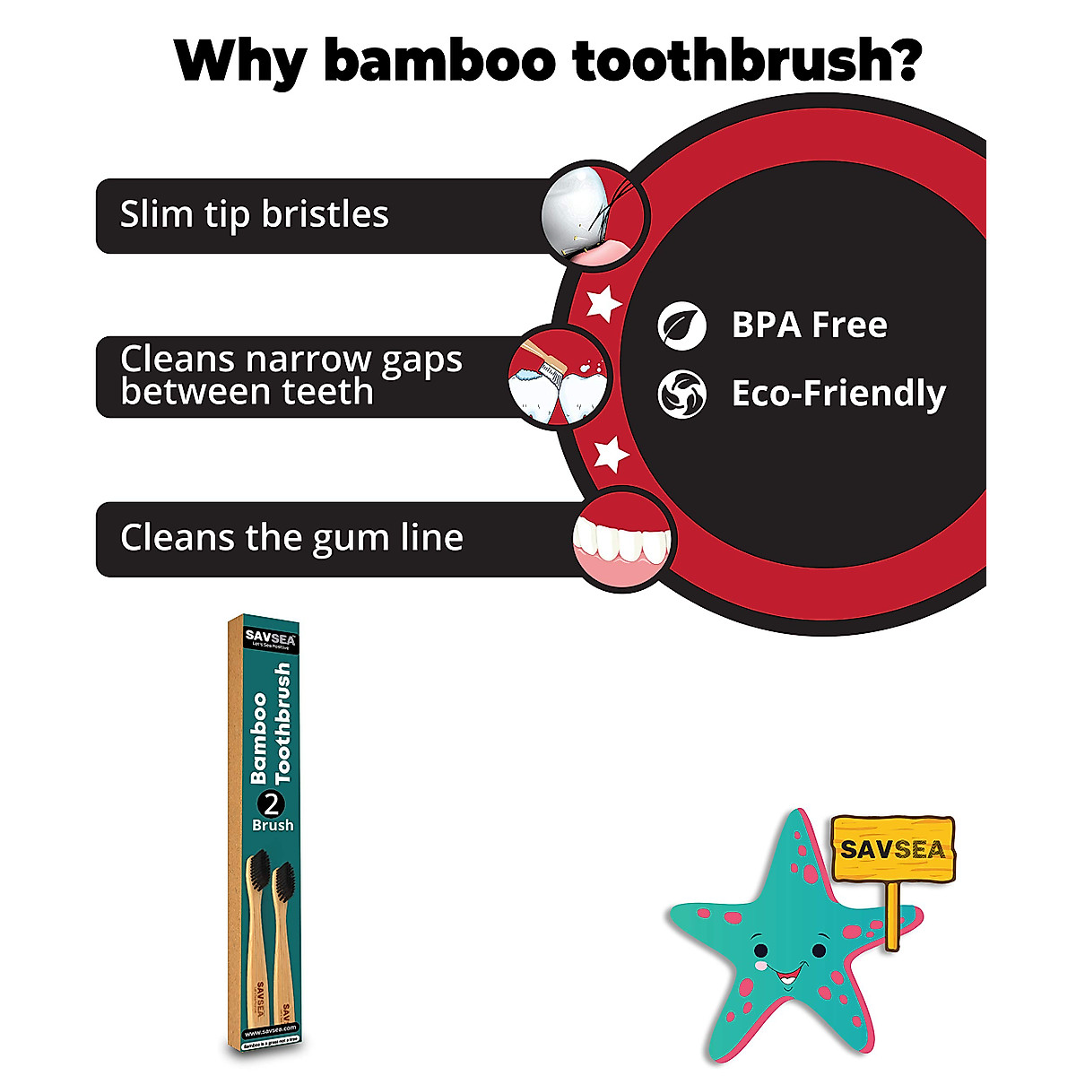 SAVSEA Bamboo Toothbrush Soft Bristles with Medium Bristles for Adults (2 Toothbrushes)