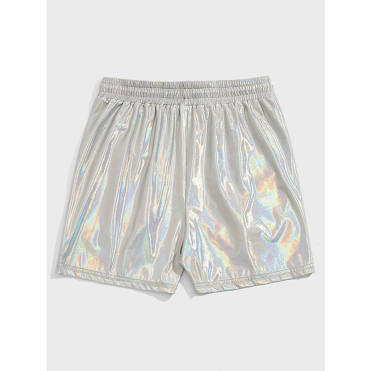 WDIRARA Men's Metallic Shiny Sparkly Drawstring Waist Shorts with Pockets Silver Reflective S