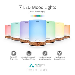 ASAKUKI 300ML Essential Oil Diffuser, Quiet 5-in-1 Premium Humidifier, Natural Home Fragrance Aroma Diffuser with 7 LED Color Changing Light and Auto-Off Safety Switch-Light Brown