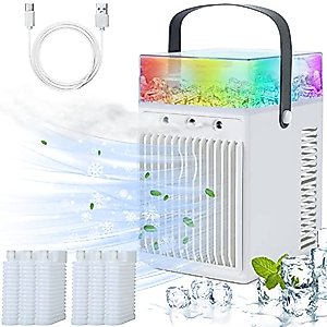 Rechargeable Portable Air Conditioners Fan,Personal Evaporative Air Cooler Humidifier with 7 Colors Light,3 Speeds Mini Personal Air Conditioner Portable AC Desktop Fan for Bedroom Office Outdoors