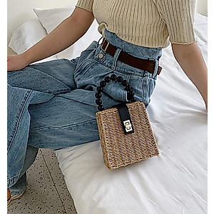 QZUnique Straw Bucket Bags for Women Top Handle Drawstring Woven Handbag Shoulder Bag Summer Beach Purses with Bamboo Handle