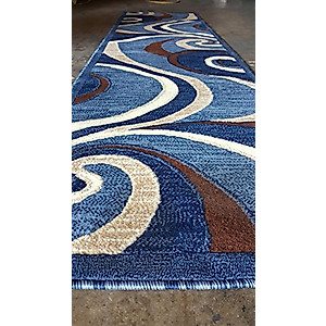 Modern Runner Contemporary Area Rug Blue Brown Carpet King Design 144 (2 Feet X 7 Feet 3 Inch)
