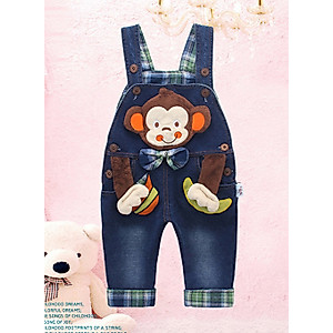 KIDSCOOL SPACE Baby Boy Girl Jean Overalls,Toddler Denim 3D Monkey Dungarees Pants,Blue,18-24 Months