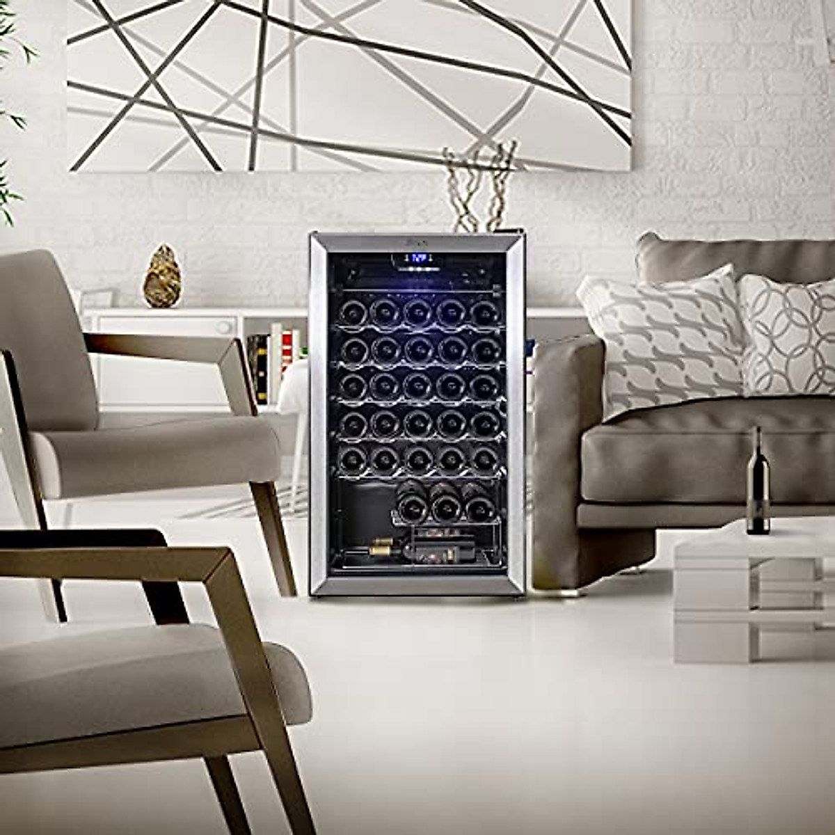 SMETA Wine Cooler Refrigerator 33 Bottles-19 Inch Wine Fridge Cellar Built In & Freestanding with Stainless Steel Glass Door - 3.6 Cu.Ft Wine and Beer Mini Fridge for Home, Office, Kitchen, Bar