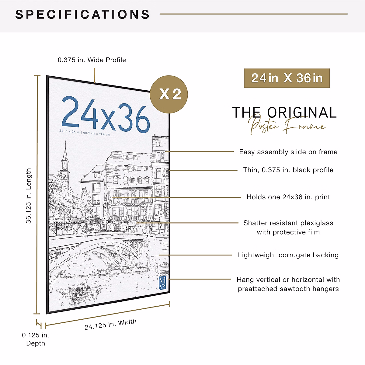 MCS Original Poster Frame, Black, 24 x 36 Inch, Set of 2