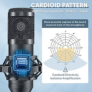 USB Microphone, Professional 192kHz/24Bit Plug & Play PC Computer Condenser Cardioid Mic Kit with Sound Advanced Chipset, for Streaming, Podcast, Studio Recording and Games