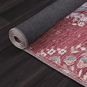 CAMILSON Printed Area Rugs with Ultra Thin Super Strong for Living Room Bedroom, Distressed Vintage Rug 5x7, Stain and Water Resistant, Bohemian Indoor Carpet (5 x 7, Rust Red)