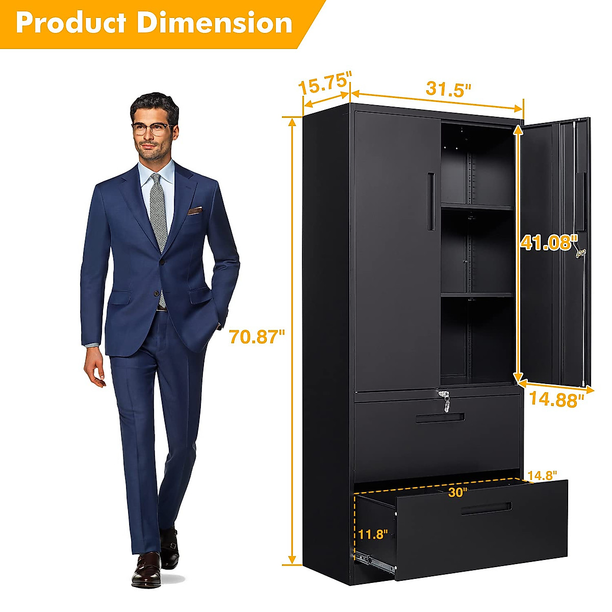 STANI 2 Drawer Lateral File Cabinet, Metal Storage Cabinet with Drawers, Locking File Cabinet with Storage Shelves, Metal Storage Cabinets for Letter/Legal/F4/A4 Size Files (Two Drawer, Black)