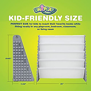 UNiPLAY Kids 4-Tier Book Storage Organizer with Sling Book Pockets, Plastic Sling Rack Bookshelf for Playroom, Fits Blocks, Gray/White
