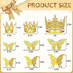 30 Pcs Gold Butterfly Cake Decoration with 6 Pcs Gold Crown Cake Topper, Mini Crowns Small Crown with 3D Butterfly Wall Decors for Coronas Para Flower Bouquets Decor for Flower Arrangements