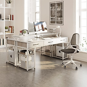 ODK Computer Desk with Drawers and Storage Shelves, 63 inch Home Office Desk with Monitor Stand, Modern Work Study Writing Table Desk for Small Spaces, White + White leg