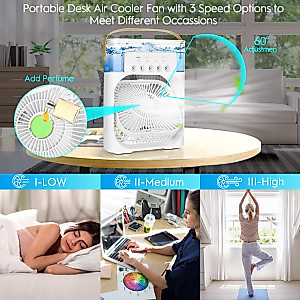 Portable Air Conditioner Fan,900ML Personal Air Conditioner with Ice Tray,5in1 Timming Evaporative Air Cooler,Cooling Fan with 7 Colors Light, 5 Sprays,3 Speeds,Ac Fan for Small Room,Office,Car,Camp (White)