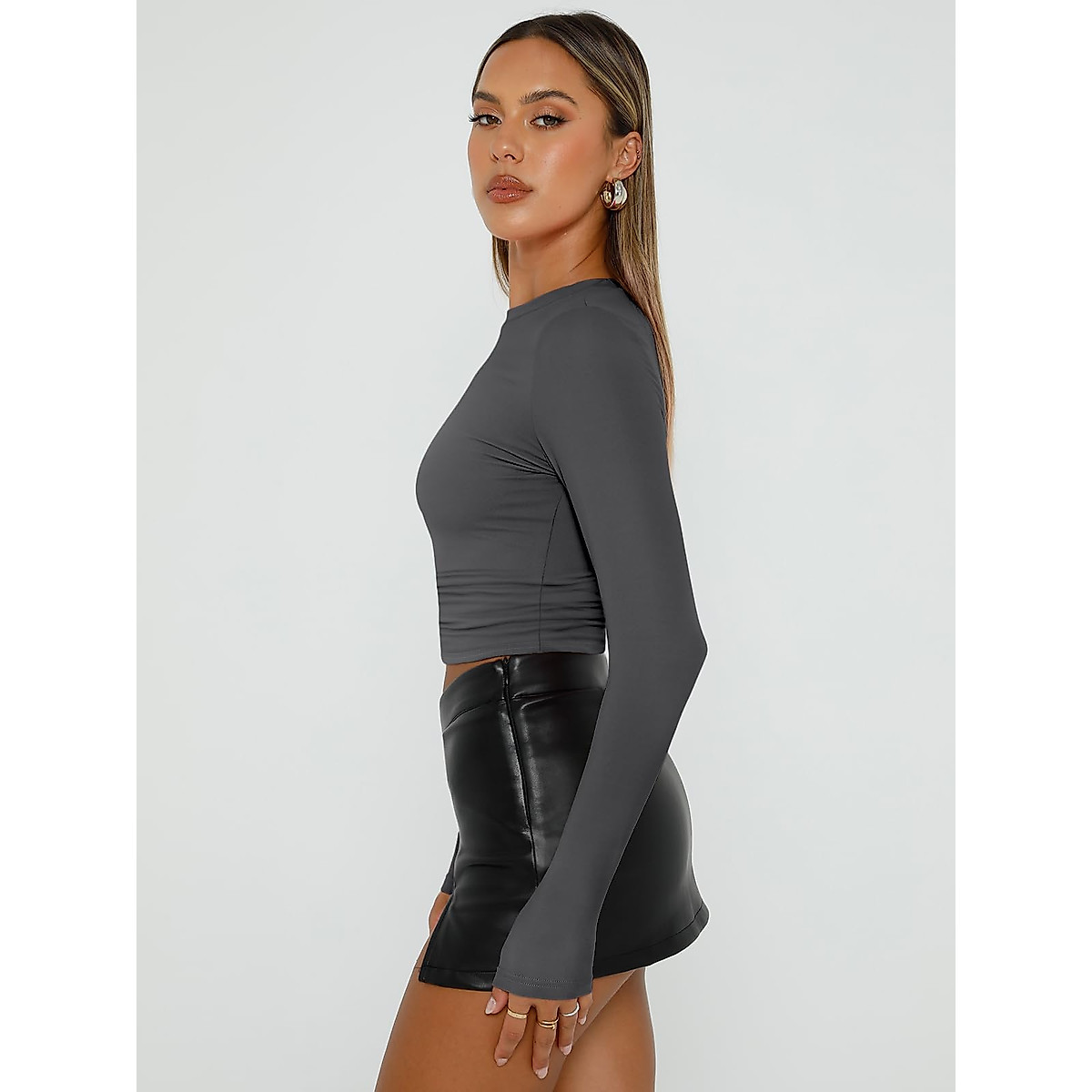 Trendy Queen Long Sleeve Shirts for Women Basic Spring Crop Tops Tight Slim Fit Cute Going Out Outfits Teen Girls Fall Winter Y2k Clothes 2024 Gray