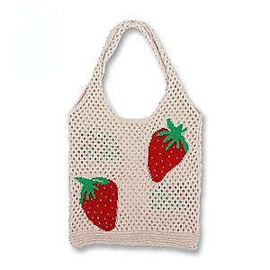Women Y2K Crochet Tote Bag Hobo Aesthetic Bag Trendy Strawberry Knitted Shoulder Bags Mesh Hollow Tote Bag (Apricot)