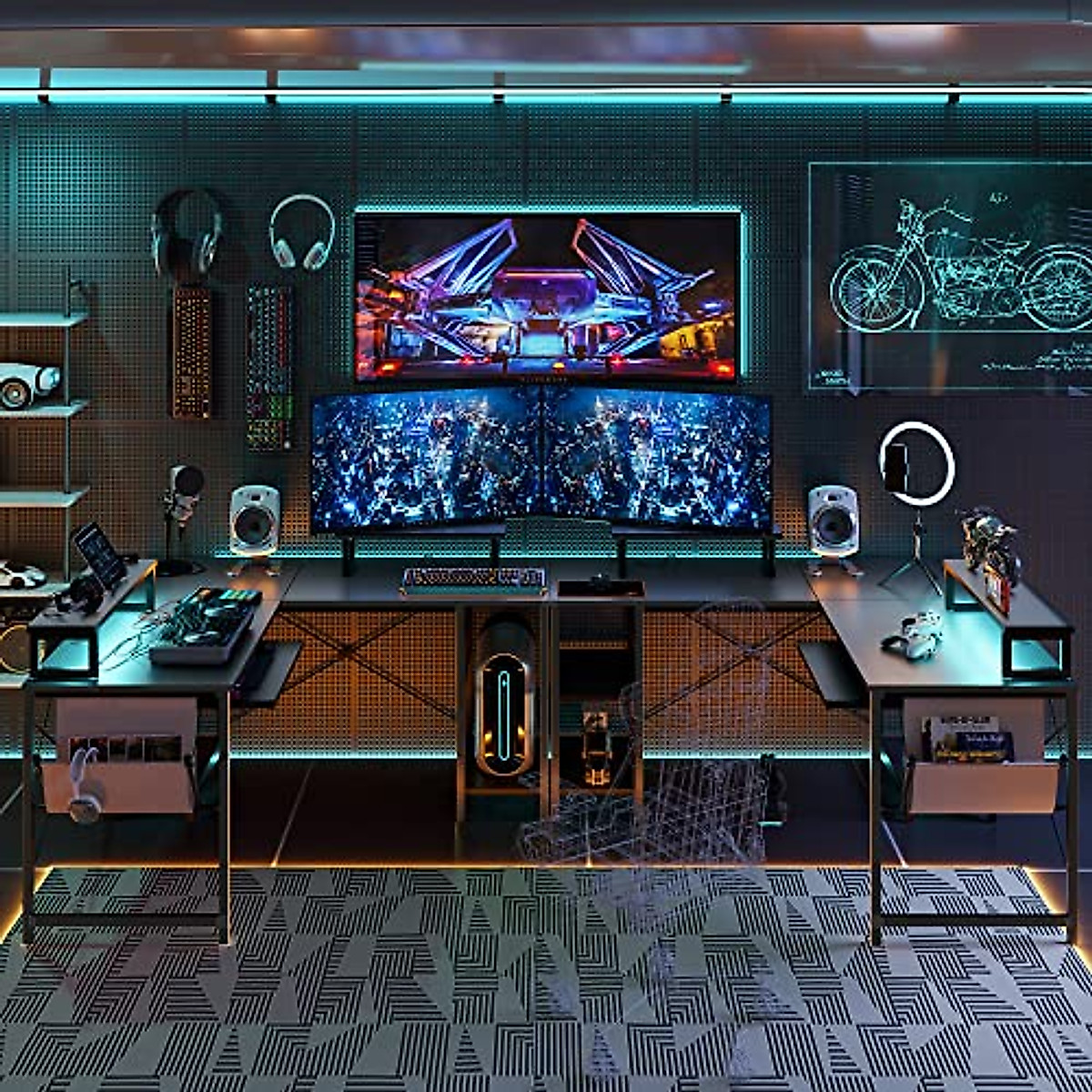 Bestier L Shaped Gaming Desk with Led Light 59.4 Inch Computer Corner Desk or 2 Person Long Table with Shelves Monitor Stand and Keyboard Tray for Home Office, Carbon Fiber Black