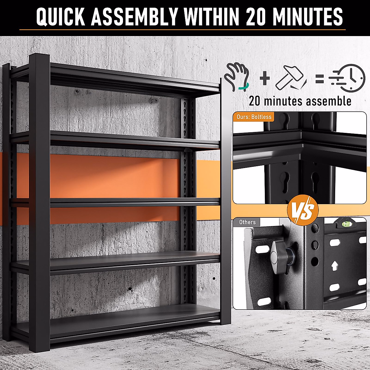 GEBAROW 72" H Garage Shelving Heavy Duty, Industrial Shelving Storage Rack with 5-Tier Metal Shelving Unit, 2500LBS Loads Adjustable Garage Storage Shelves for Warehouse Pantry, 72" H*59" W*22" D