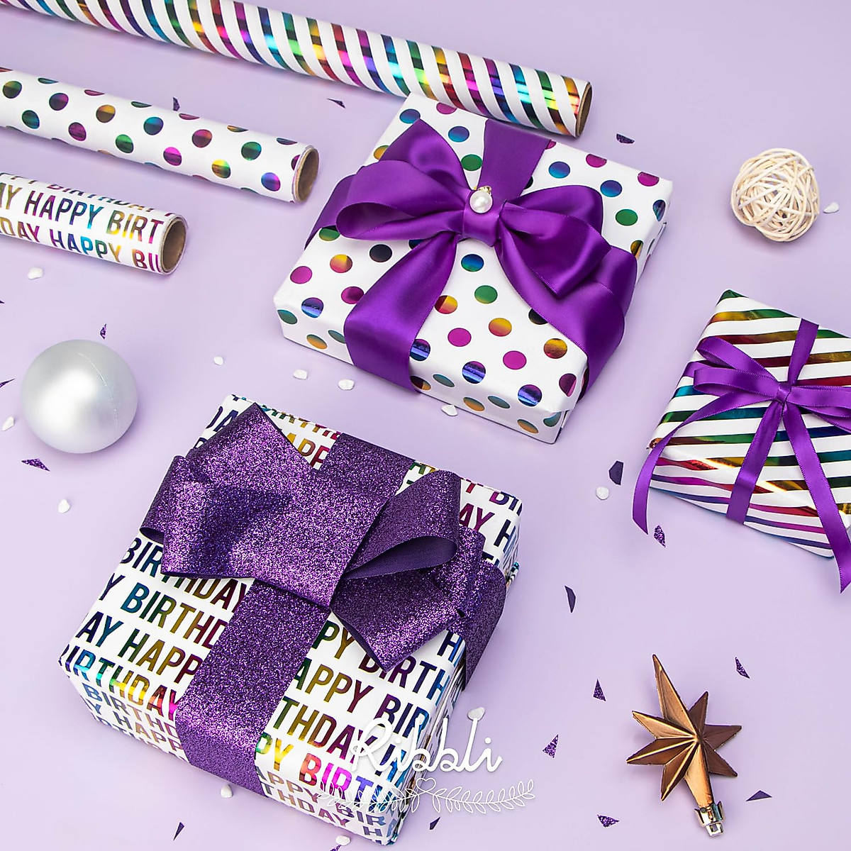 Ribbli Birthday Wrapping Paper 30 Inch Iridescent Gift Wrapping Paper 4 Rolls Happy Birthday Polka Dots Stripes Stars Printed Assortment -120 inch(10feet) Per Roll