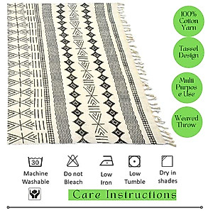 InstyleCraft - Cotton Throw Blanket - Woven Warm Boho Decor Couch Chair Sofa Bed Kitchen Living Room - Block-Printed - Chair Blanket with Tassels for Outdoor Camping Beach Picnic