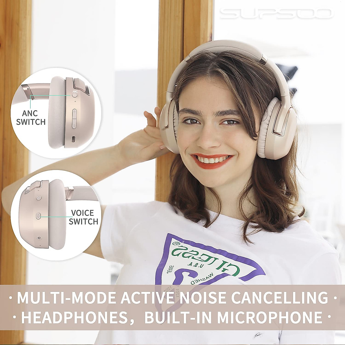 SUPSOO Headphones Wireless Bluetooth, Active Noise Cancelling Headphones Bass Headphone with Mic, 60 Hr Playtime, Stereo Sound, Over Ear PC Wireless Bluetooth Headset-Rose Gold