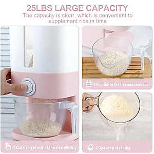 Rubtlamp 20 Lbs Pink Rice Dispenser, Plastic Food Storage Container, Large Rice Storage Container with Lid, Moisture Proof Household Cereal Dispenser Bucket, Sealed Grain Container Storage for Kitchen