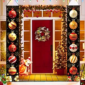 2PCS Christmas Porch Sign Door Banner Decorations, Black Red Merry Christmas Ornament Balls Porch Door Hanging Banner Supplies Indoor Outdoor Xmas New Year Decor Wall Front Door Yard Garage 71x12Inch