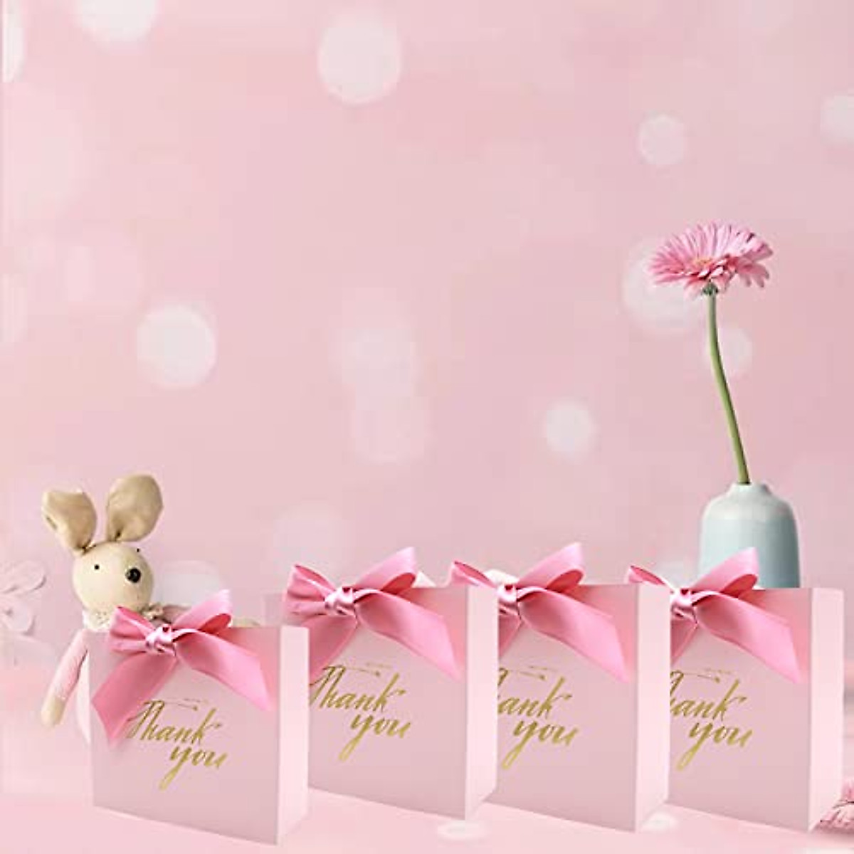 Pink Gift Bags 25Pack Extra Small Thank You Paper Gift Bags with Bow Ribbon, 4.5x1.7x3.9 Mini Party Favor Treat Boxes for Wedding, Baby Shower, bridal, Holiday Gifts Bulk