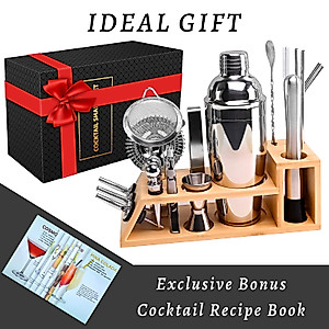 28Pcs Cocktail Shaker Set Bartender Kit with Bamboo Stand, Stainless Steel Martini Shaker and Jigger, Bartending Bar Tool Set with Velvet Carry Bag & Recipe Book for Drink Mixing, Home, Bar, Party