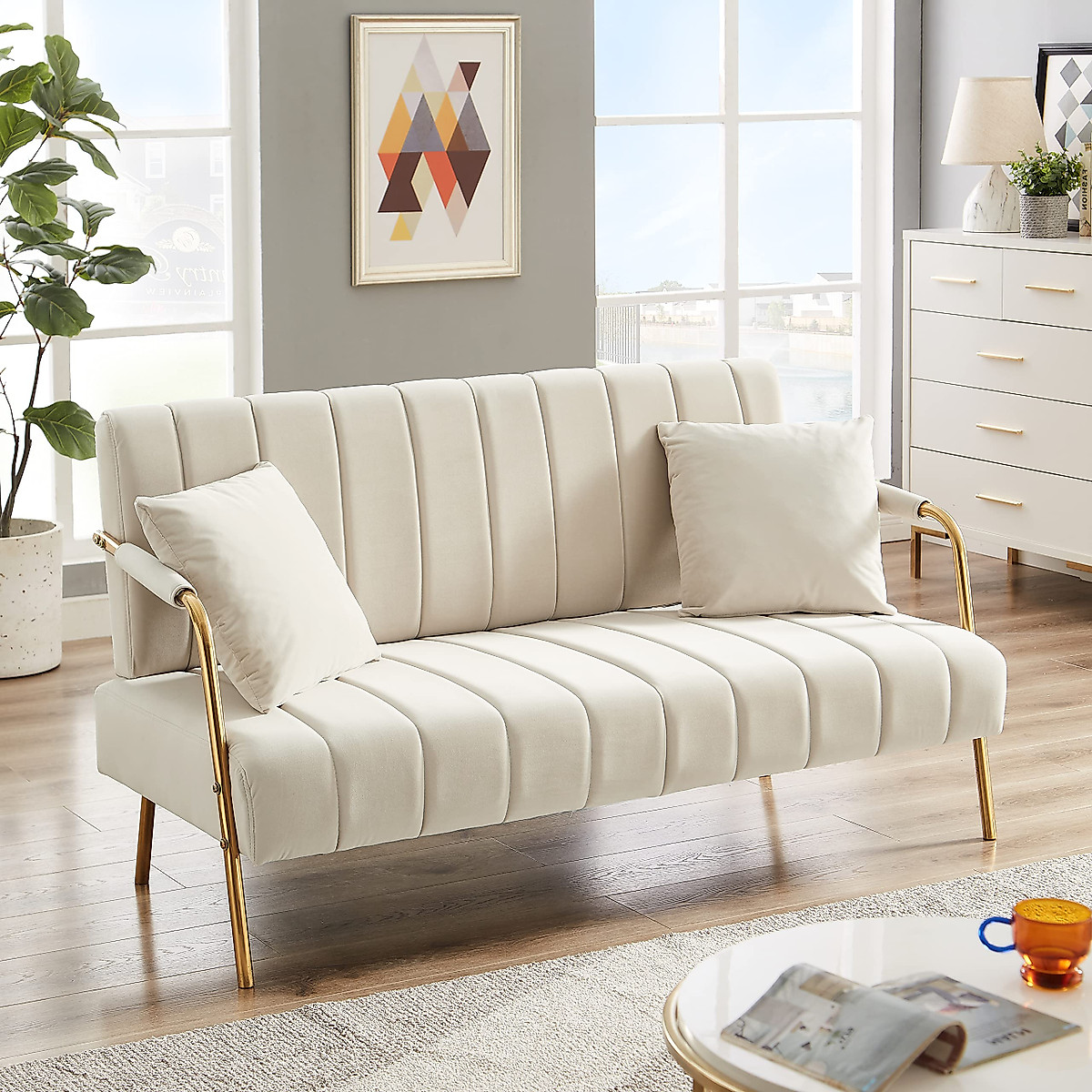 Majnesvon 61" Modern Loveseat Sofa Couch,Cashmere Fabric Small Love Seat w/2 Pillows and Metal Legs,2-Seater Upholstered Mini Sofa Couches for Small Space,Living Room Bedroom Apartments (White)