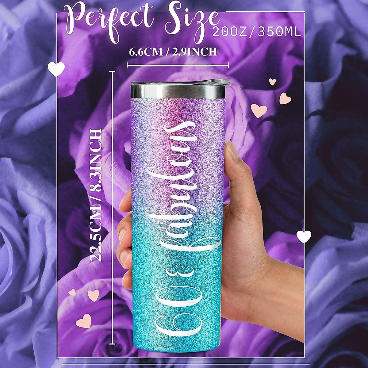 Onebttl 60th Birthday Gifts for Women, 60 & Fabulous, 60th Birthday Gift Idea for Women, 60th Bday Gifts, Stainless Steel Tumbler 20Oz - Glitter Purple&Blue