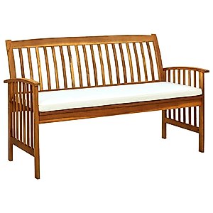 loibinfen Patio Wood Bench with Ergonomic Backrest & Armrest, Outdoor Bench with White Cushion,All-Weather Acacia Wood Frame, All-Weather Acacia Wood Frame,57.9"x25.2"x35.4", -609 -AA