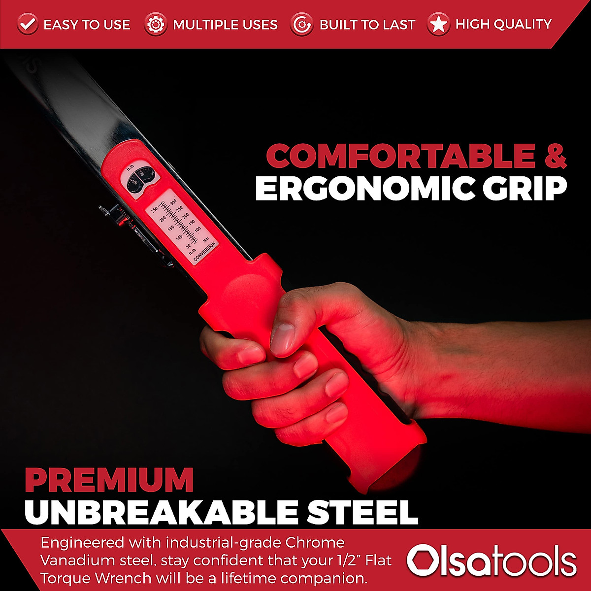 Olsa Tools Digital Torque Wrench, 1/2-Inch Drive (12.5-250 ft-lb Torque Range) | ±1% CW and ±2% CCW Torque Accuracy | Premium Ratcheting Adjustable Torque Wrench | Professional Grade