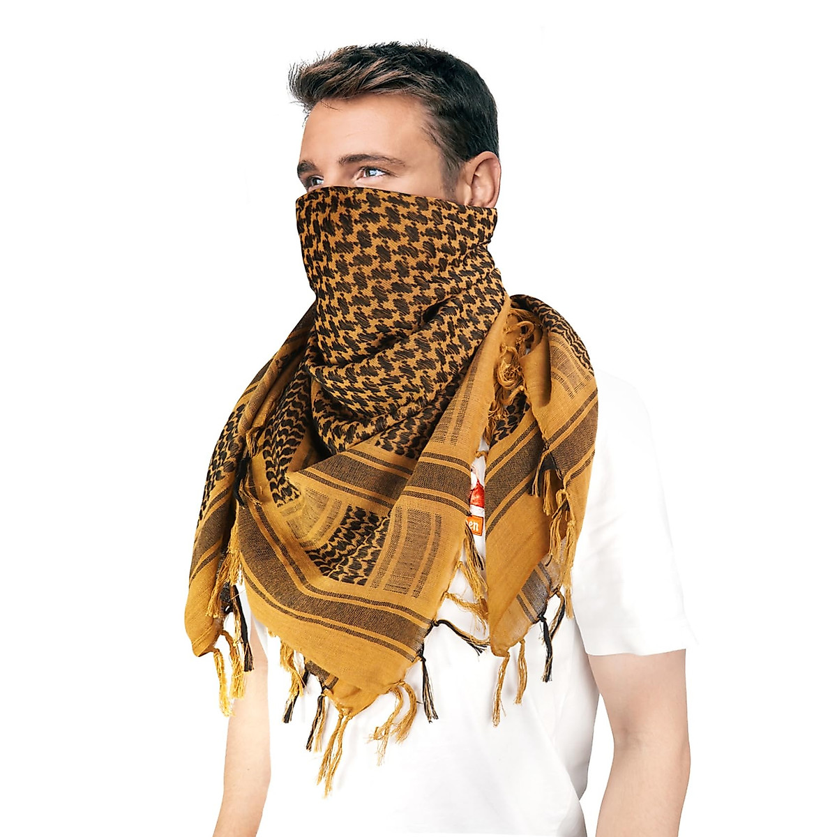 Explore Land Cotton Shemagh Keffiyeh Tactical Desert Scarf Neck Head Wrap with Tassel for Men Women (Coyote Brown, one size)