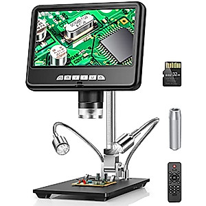 2K LCD Digital Microscope 1200X, Dcorn 7" 24MP HDMI Microscope, Soldering Coin Microscope with Lights, Extension Tube & 32GB Card Included, Coin Magnifier with Light