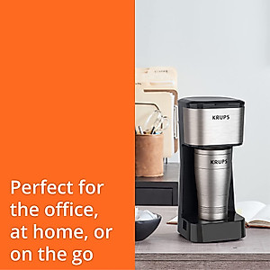 Krups Simply Brew Stainless Steel Single Serve Drip Coffee Maker and Travel Tumbler 14 Ounce Stainless Steel Tumbler Included 650 Watts Coffee Filter, Compact Silver and Black