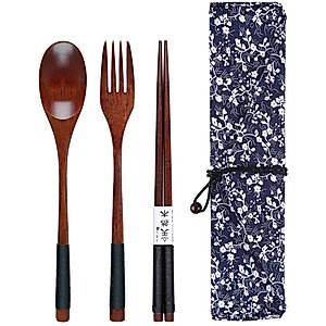 Wooden Cutlery Set Chopsticks Spoon Fork Set, Reusable 3pcs Travel Utensils Tableware for Home,Office,Outdoor Camping (Blue flower)