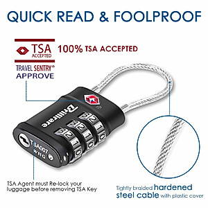 2 Pack TSA Approved Luggage Locks, Combination Travel Cable Lock, 3-Digit Waterproof Padlock, Zinc Alloy Outdoor Keyless Resettable Lock for Travel, Lockers, Bags, Backpack, Gym, Gate-by BRILLIRARE