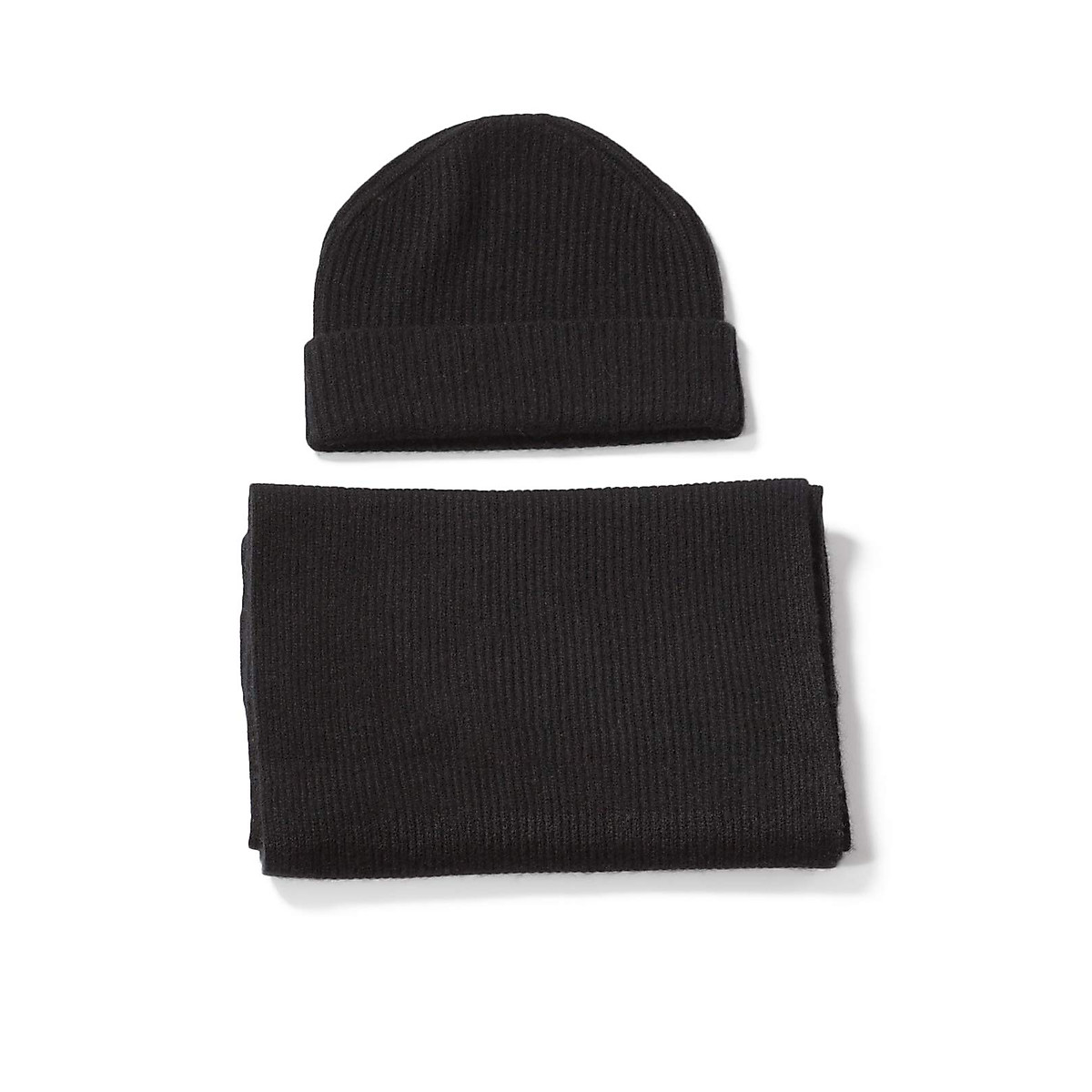 Fishers Finery Men's 100% Cashmere Ribbed Knit Hat and Scarf Gift Set (Black)
