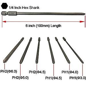 YDLQWCZ Long Phillips Cross Screwdriver Bit Sets PH1(Φ3.0) PH1(Φ4.0) PH1(Φ4.5) PH2(Φ4.5) PH2(Φ5.0) PH2(Φ6.0) 6 Pieces 6 Inch Length S2 Steel Cross Phillips Screwdriver Bit Set(6Pcs Cross Head)