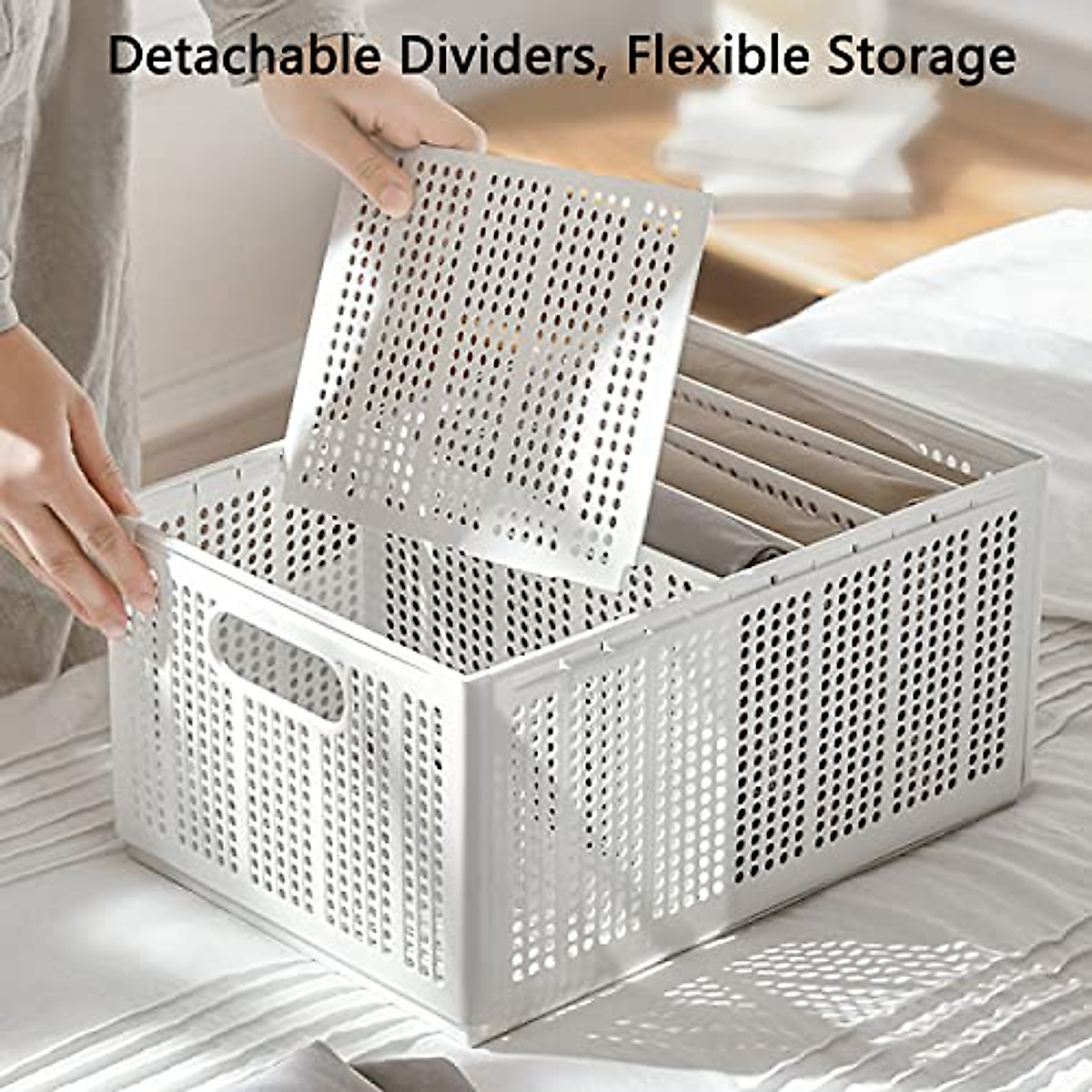 OMSORG Clothes Organizer for Folded Clothes, Plastic Storage Basket with Removable Partitions, Stackable Wardrobe Clothes Organizer Closet Storage Bins, for Bedroom Bathroom Home Organization (Large Rectangular X 4)