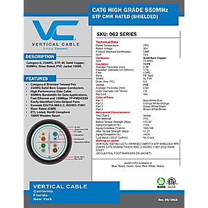 Vertical Cable Cat6, 550 MHz, Shielded, 23AWG, Solid Bare Copper, 1000ft, Bulk Ethernet Cable, Blue