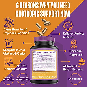 Nootropic Brain Supplement For Focus, Energy, Memory & Clarity Booster | Fast Absorption Brain Vitamins For Adults – Nootropics Pills With Ginkgo Biloba, St Johns Wort, Bacopa Monnieri