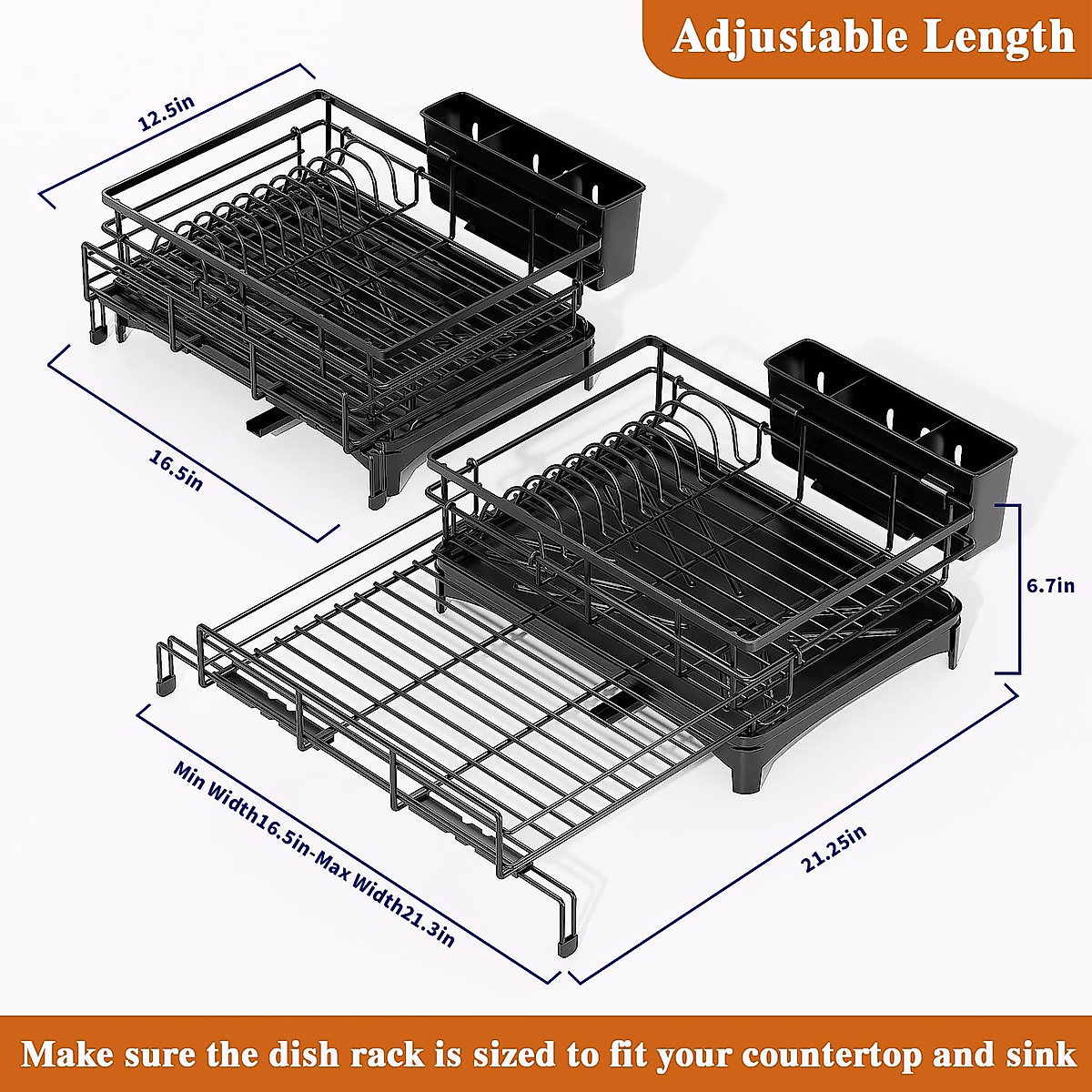 Large Dish Drying Rack,Extendable Dish Rack With Cutlery Holder, Anti-Rust Black Dish Racks For Kitchen Counter,Stainless Steel Dish Drainers For Kitchen Counter,Over The Sink Drying Rack Kitchen