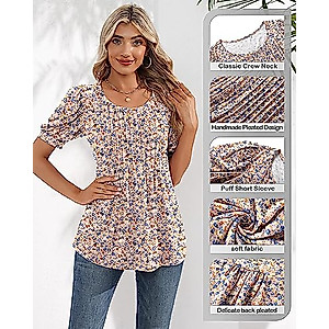 Ficerd Women's Puff Short Sleeve Tunic Tops Pleated Crew Neck Blouses Dressy Casual Loose Spring and Summer T-Shirts (Pink Flower, Medium)