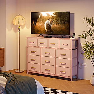 ODK Dresser with Charging Station, 57-Inch Long Dresser TV Stand for Bedroom, Large Dresser with 13 Storage Drawers, Chest of Drawers Easy-Pull Fabric Dressers for Living Room, Pink