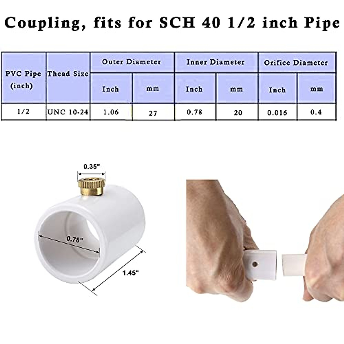 Mornajina 20 Packs 1/2" PVC Misting Nozzles Coupling with Brass Mist Nozzle Replacement Head for Outdoor Misting Cooling System, Atomizing Misting Sprayer with Steel Atomizing Nozzle 0.016" Orifice